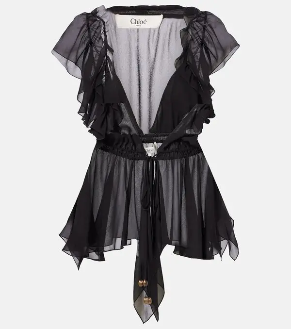 Chloé Gathered Silk Georgette Top - Black