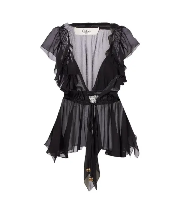 Chloé Gathered Silk Georgette Top - Black