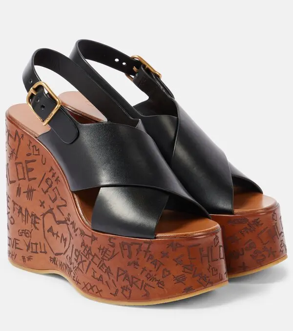 Chloé Maxime Leather Wedge Sandals - Black
