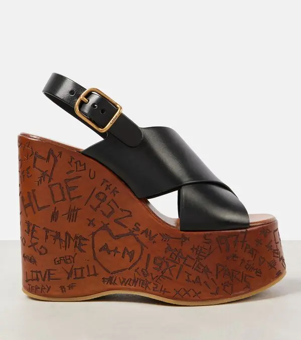 Chloé Maxime Leather Wedge Sandals - Black