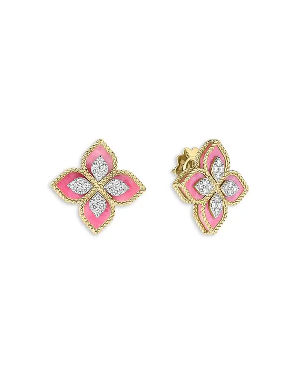 Roberto Coin 18k Gold Venetian Princess Rhodonite Diamond Stud Earrings - Pink/gold