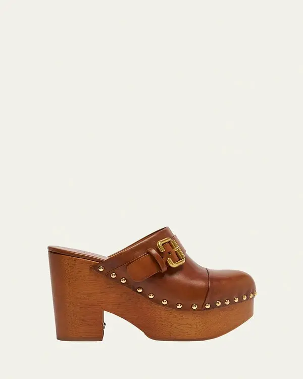 Chloé Jeannette Leather Platform Clogs - Ginger Brown