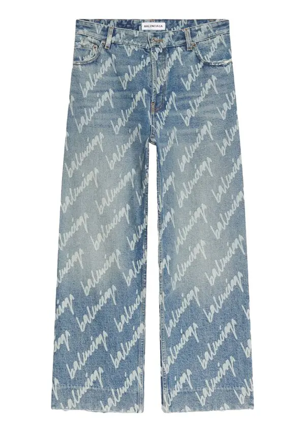 Balenciaga All Over Logo Cropped Denim Trousers - Indigo/white
