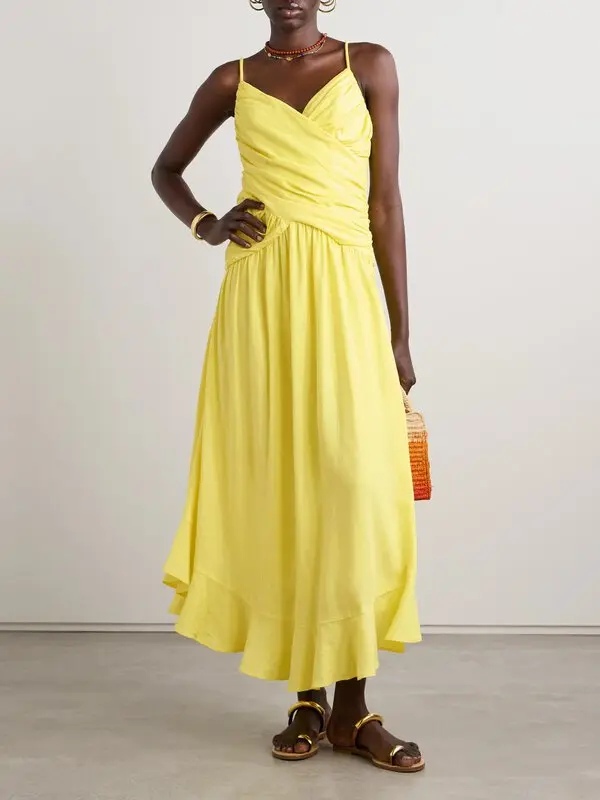 chinese dress ladies Natural Linen Wrap Dress - Midi, Cocktail, Summer, Wedding Guest - Spicy Yellow main image 0
