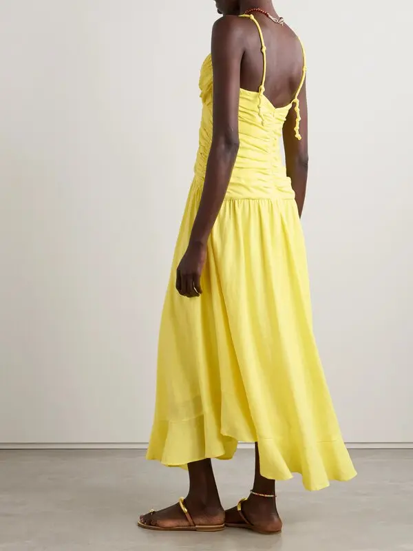 Farm Rio Ruched Linen-Blend Maxi Dress In Yellow - 70% Off | Editorialist