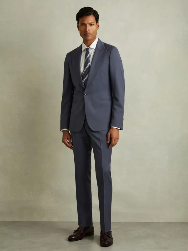REISS Bartley Textured Wool Single Breasted Slim Fit Blazer - Airforce Blue