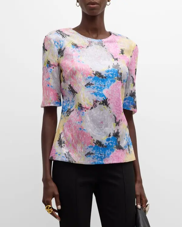 Rosetta Getty Floral Sequin Mesh Fitted T-shirt