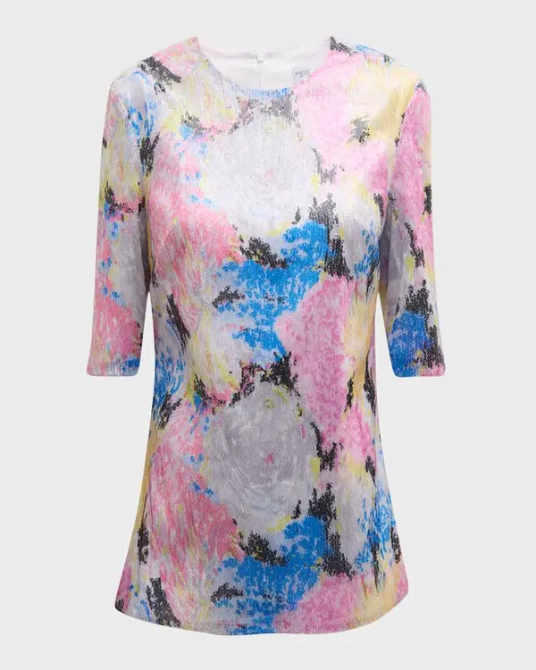Rosetta Getty Floral Sequin Mesh Fitted T-shirt