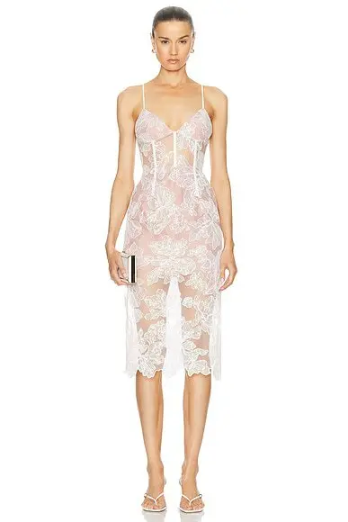 FLEUR DU MAL Sequin Floral Embroidered Midi Dress - Ivory