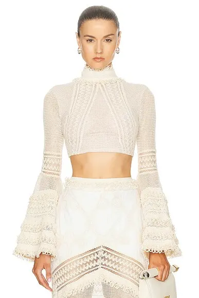 PatBO Woven Bell Sleeve Cropped Top