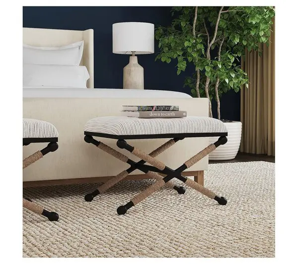 LINON Home Codele Campain Upholstered Accent St Ool W/rope Base - One-color