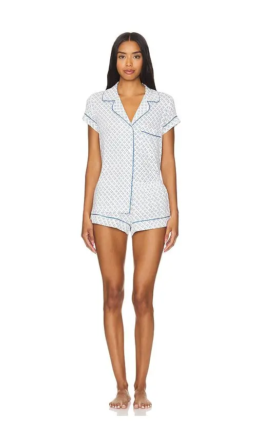 Eberjey Gisele Shortie Pj Set In Ivory - Petite Batik Ivory & Wedgewood Blue