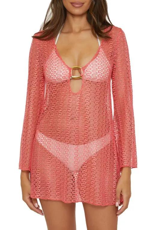 BECCA By Rebecca Virtue Golden Beach Long Sleeve Lace Cover-up Tunic - Coral Reef