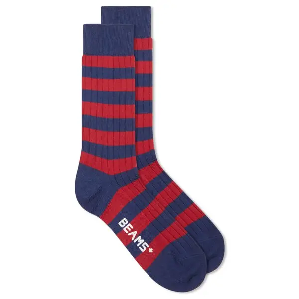 BEAMS Rib Stripe Sock - Navy/wine