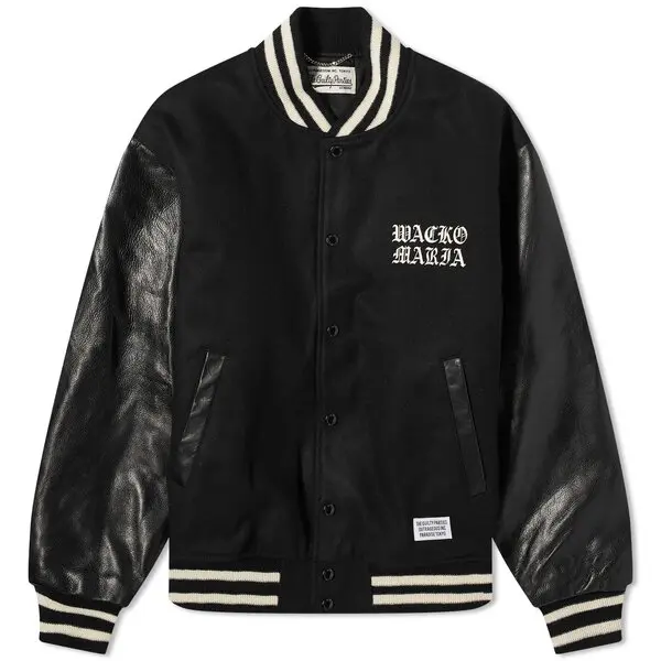 Wacko Maria Leather Varsity Jacket In Black - 50% Off | Editorialist