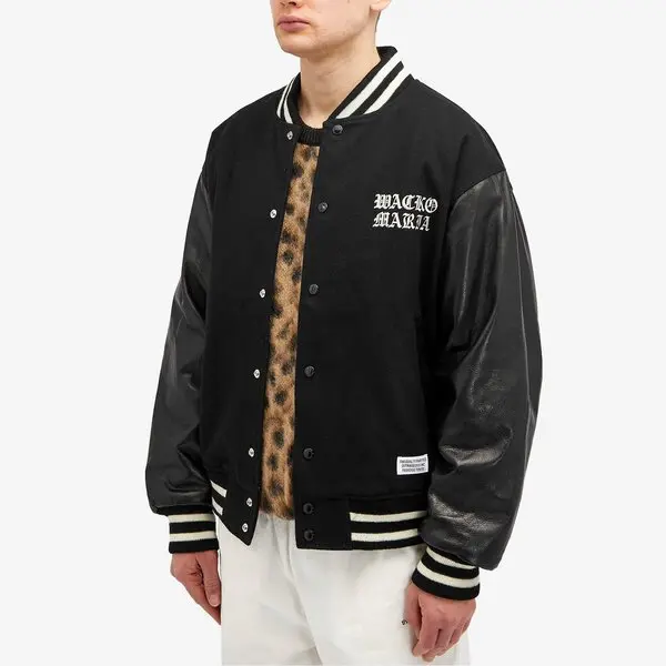 Wacko Maria Leather Varsity Jacket In Black - 50% Off | Editorialist
