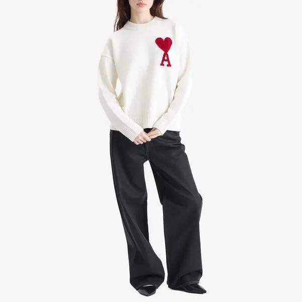 Ami Adc Crew Knit Sweater - Off White/red