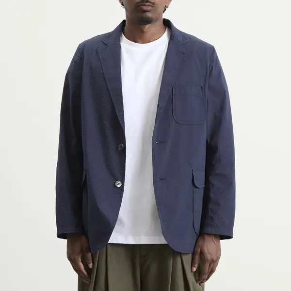 BEAMS 3 Button Coolmax® Seersucker Blazer - Navy