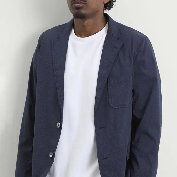 BEAMS 3 Button Coolmax® Seersucker Blazer - Navy