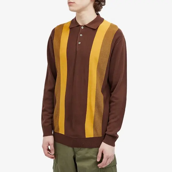 BEAMS 12g Stripe Knit Long Sleeve Polo Shirt