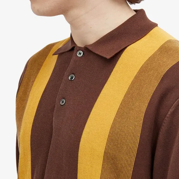BEAMS 12g Stripe Knit Long Sleeve Polo Shirt