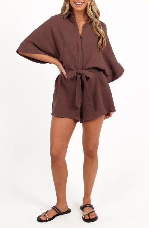 PETAL & PUP Jemmy Tie Waist Cotton Gauze Romper - Chocolate Brown
