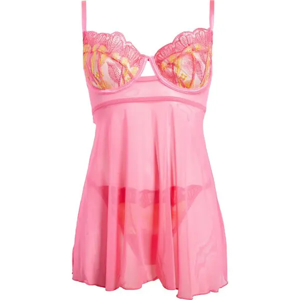 COQUETTE Underwire Babydoll Chemise & G-string Set - Neon Pink