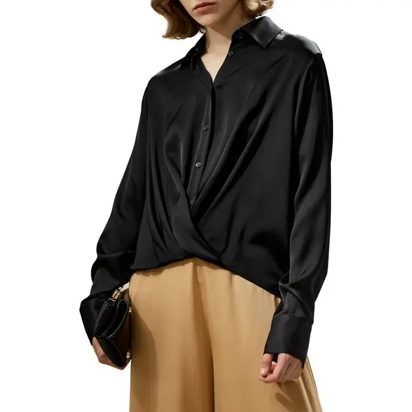 Lilysilk Hem Pleated Silk Blouse - Black