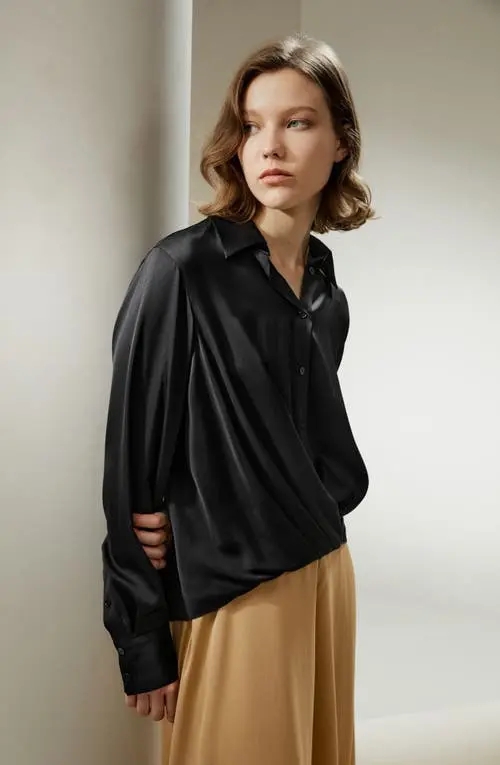 Lilysilk Hem Pleated Silk Blouse - Black