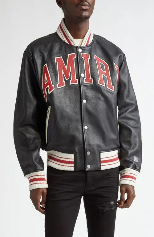 Amiri Varsity Logo Leather Bomber Jacket - Black