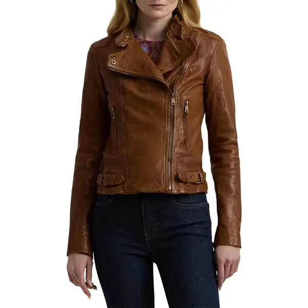 Ralph Lauren Leather Moto Jacket - Dark Walnut
