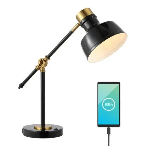 JONATHAN Y Allegra Classic Farmhouse Adjustable Cantilever Led Task Lamp With Usb Charging Port - Black/brass Gold