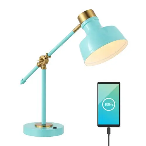 JONATHAN Y Allegra Classic Farmhouse Adjustable Cantilever Led Task Lamp With Usb Charging Port - Cyan/brass Gold