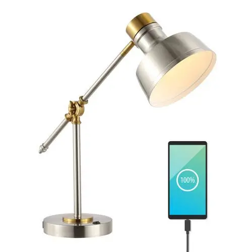 JONATHAN Y Allegra Classic Farmhouse Adjustable Cantilever Led Task Lamp With Usb Charging Port - Nickel/brass Gold