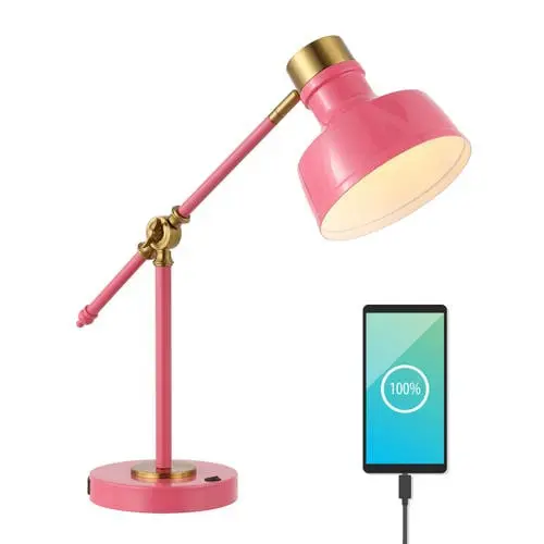 JONATHAN Y Allegra Classic Farmhouse Adjustable Cantilever Led Task Lamp With Usb Charging Port - Pink/brass Gold