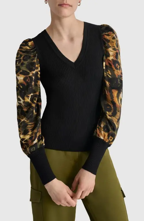Dkny Rib Puff Shoulder Sweater - Black/autumn Mix Animal