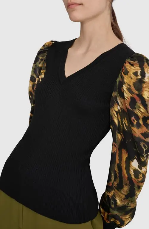 Dkny Rib Puff Shoulder Sweater - Black/autumn Mix Animal
