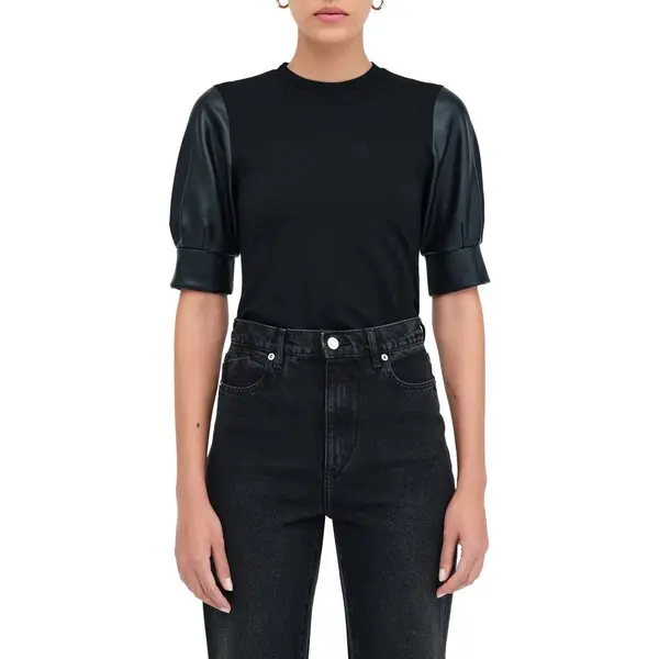 MARCELLA Trove Faux Leather Sleeve Top - Black