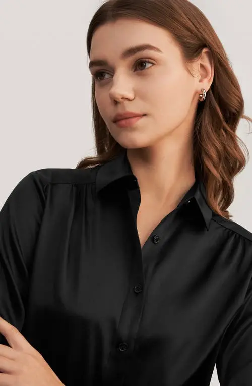Lilysilk Long Sleeve Collared Silk Blouse - Black