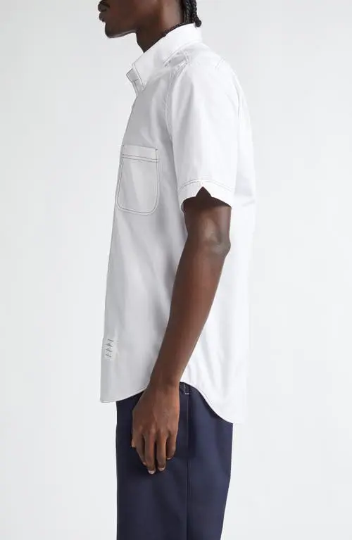 Thom Browne Straight Fit Short Sleeve Cotton Poplin Button-down Shirt