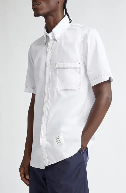 Thom Browne Straight Fit Short Sleeve Cotton Poplin Button-down Shirt