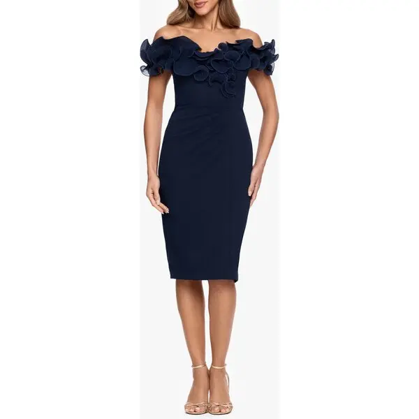 XSCAPE EVENINGS Wire Trim Off-the-shoulder Sheath Dress - Navy