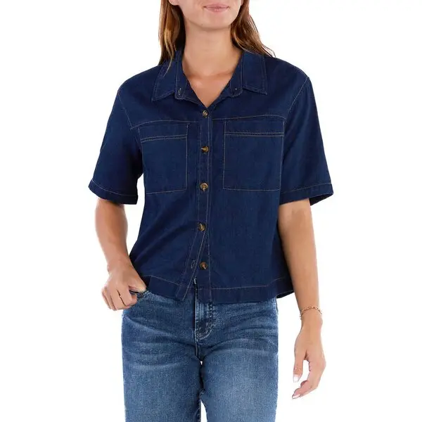 WASH LAB DENIM Boxy Short Sleeve Button-up Shirt - Dark Indigo