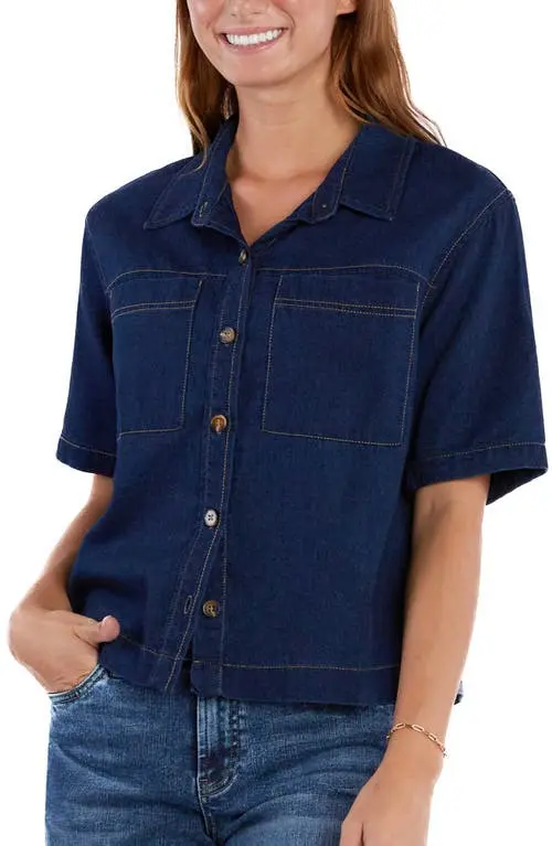 WASH LAB DENIM Boxy Short Sleeve Button-up Shirt - Dark Indigo