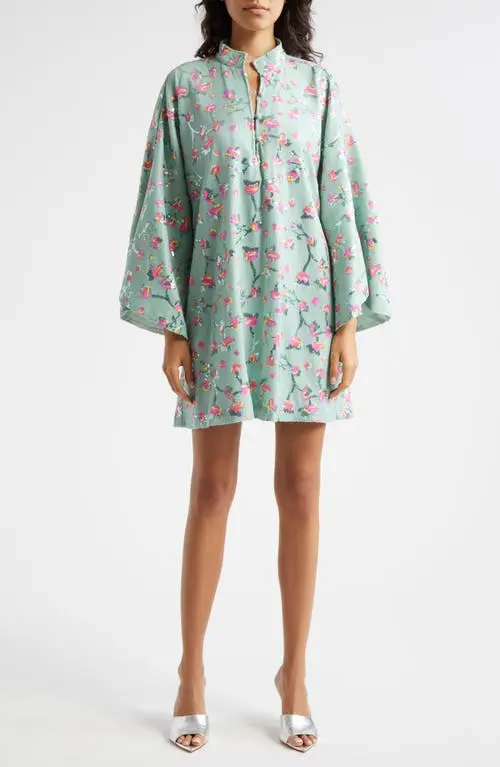 La Vie Style House Floral Sequin Bell Sleeve Cover-up Dress - Mint Pink Multi