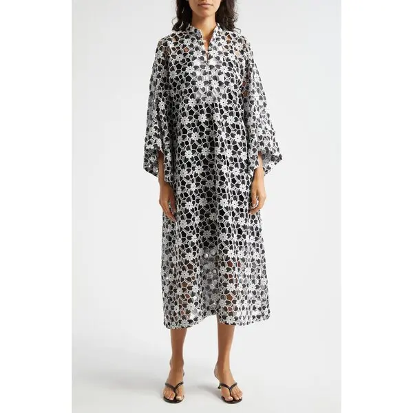 La Vie Style House Cutout Floral Lace Cover-up Caftan - Black White