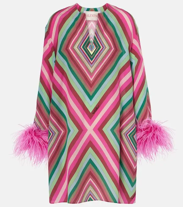 Valentino Garavani Feather-trimmed Silk Minidress - Multicoloured