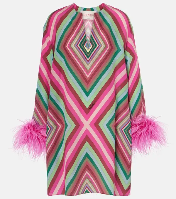 Valentino Garavani Feather-trimmed Silk Minidress - Multicoloured