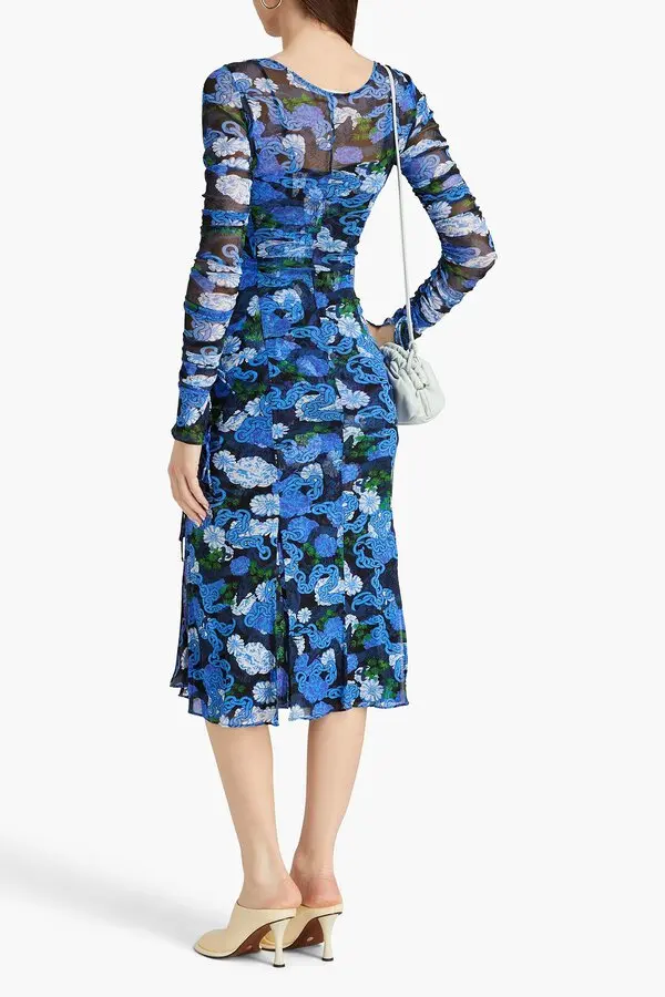 Diane Von Furstenberg Corinne Ruched Printed Stretch-Mesh Midi Dress In  Blue - 65% Off | Editorialist