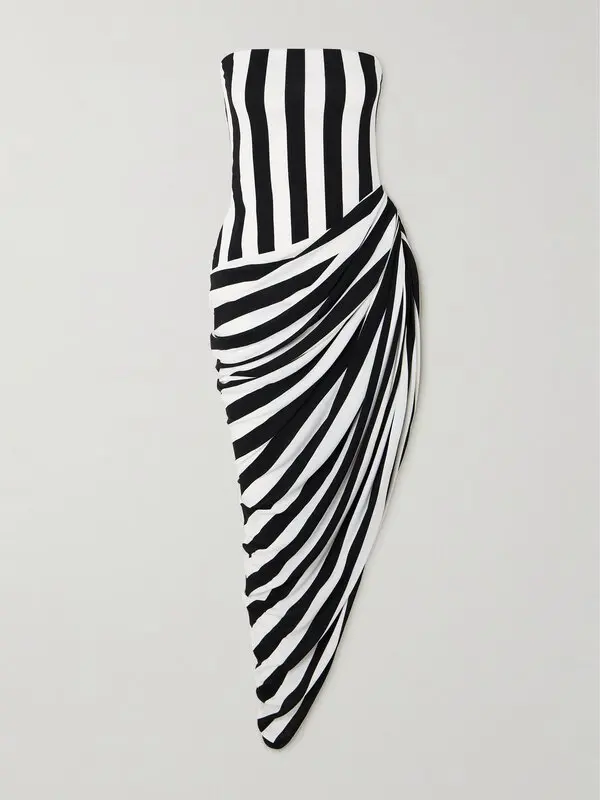 Balmain Strapless Asymmetric Draped Striped Jersey Gown